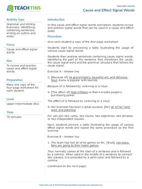 Cause And Effect Signal Words Pdf Sentence Linguistics Noun