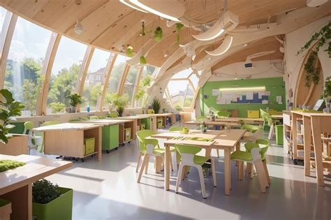 Premium Ai Image Eco Friendly Innovations Sustainable Materials In Futuristic Classroom Design