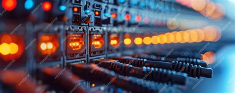 Closeup Of Network Cables And Led Lights In A Data Center Server Rack