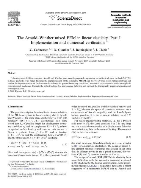 Pdf The Arnoldwinther Mixed Fem In Linear Elasticity Part I Implementation And Numerical