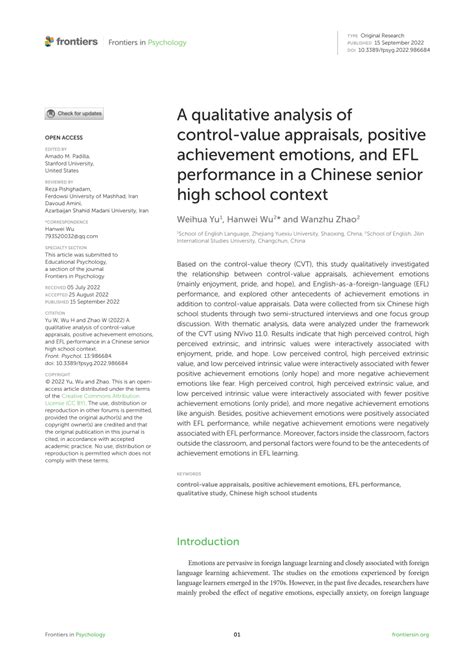 Pdf A Qualitative Analysis Of Control Value Appraisals Positive Achievement Emotions And Efl
