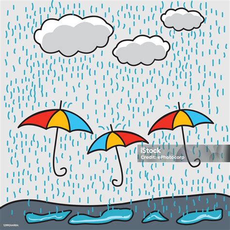 도로에 구름과 우산과 웅덩이와 비오는 날의 다채로운 포스터 비에 대한 스톡 벡터 아트 및 기타 이미지 비 개념 개념과 주제 Istock