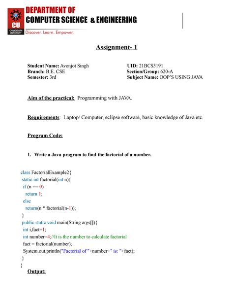 Java Worksheet Updated COMPUTER SCIENCE ENGINEERING Assignment Student Name Avonjot