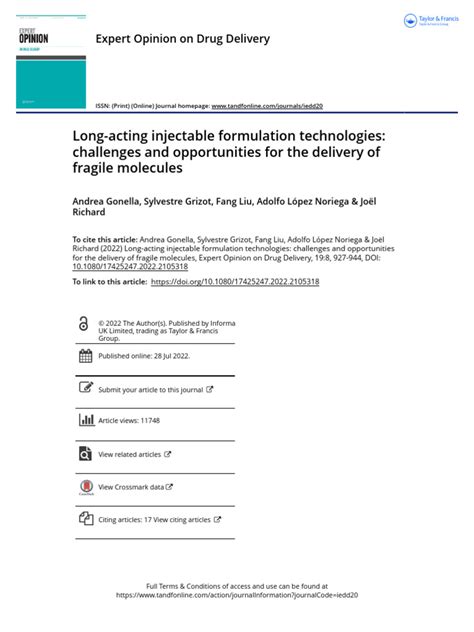 Long Acting Injectable Formulation Technologies Challenges And Opportunities For The Delivery Of