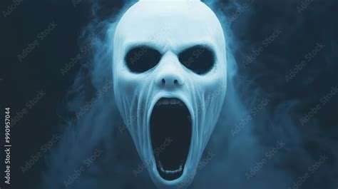 Scary Ghost Face Emerging From Darkness Wide Gaping Mouth Glowing In