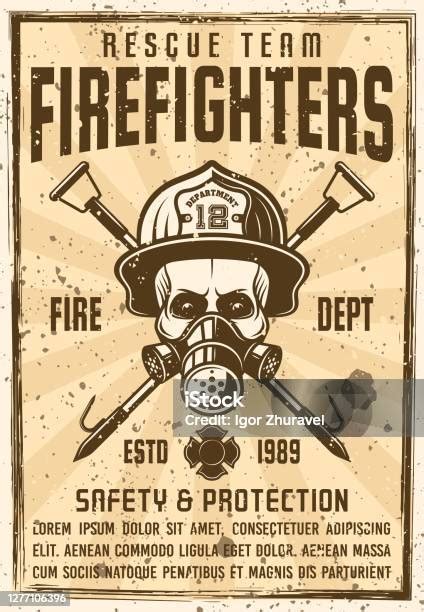 방독면과 소방관 헬멧에 두개골과 빈티지 스타일의 두 개의 교차 후크 포스터 그런지 텍스처와 별도의 레이어의 헤드라인 텍스트가 있는 벡터 그림 구조에 대한 스톡 벡터 아트 및