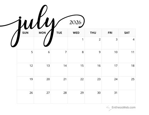 2026 Calendar Monthly Printable Black And White Entheosweb
