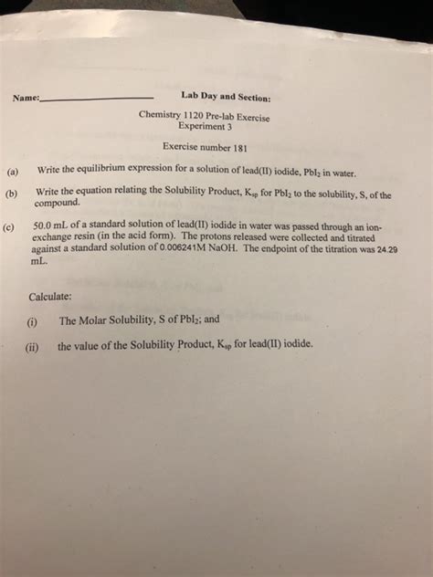Solved Name Lab Day And Section Chemistry 1120 Pre Lab