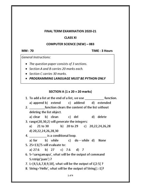 Final Term Question Paper Class Xi Computer Science Pdf Computer Engineering Software