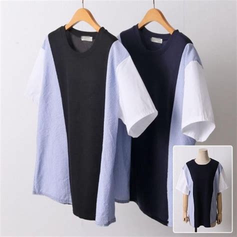 꿀벌마켓 여성큰옷 스트라이프 빅사이즈 반팔티 배색 307e089s