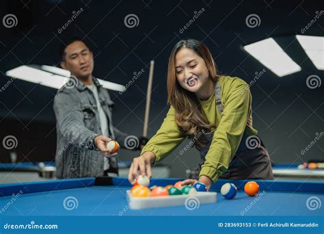 Pool Table Worker Helps Player Arranging The Balls With Triangle Rack Stock Image Image Of