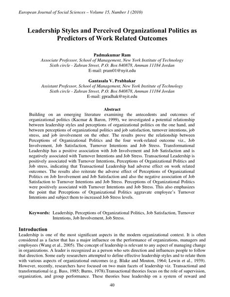 Pdf Leadership Styles And Perceived Organizational Politics As Predictors Of Work Related Outcomes