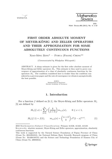 Pdf First Order Absolute Moment Of Meyer König And Zeller Operators And Their Approximation
