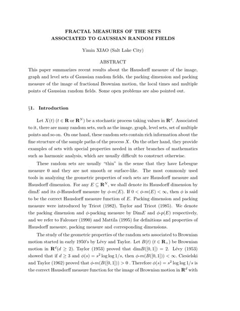 Pdf Fractal Measures Of The Sets Associated To Gaussian Random Fields