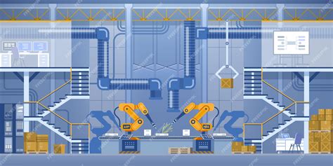 Premium Vector Automated Production Line In Factory Horizontal Background Robotic Manipulators