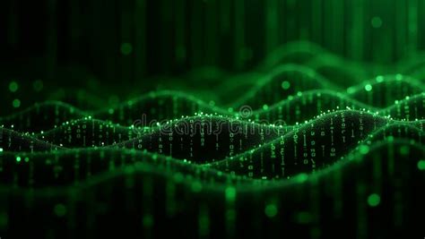 futuristic green digital landscape with binary code waves stock