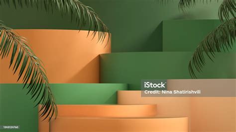 현대 추상 녹색과 오렌지 연단 단계 배경 와 손바닥 잎 3d 일러스트 강단에 대한 스톡 사진 및 기타 이미지 강단 녹색