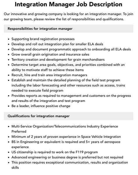 Integration Manager Job Description Velvet Jobs