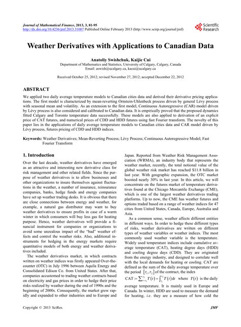 Pdf Weather Derivatives With Application To Canadian Data