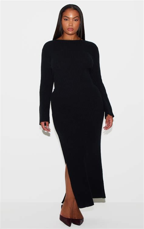 Plus Black Rib Low Back Long Sleeve Maxi Dress Plus Size