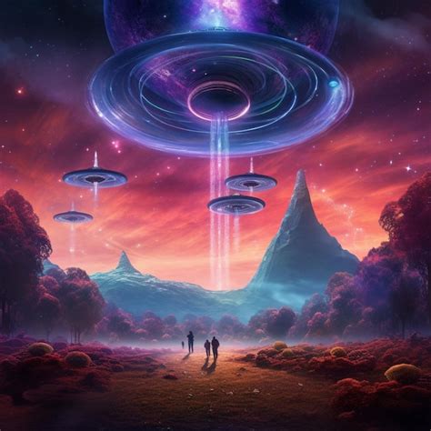 Spaceships Flying Over A Landscape With A Man And A Woman Generative Ai Premium Ai Generated Image