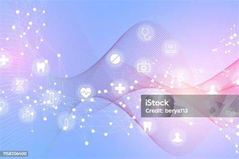 건강 관리 아이콘 패턴의료 추상배경 의료 혁신 개념 Dna 가닥 라인과 점 웨이브 흐름 Dna 분자 구조 설계 벡터