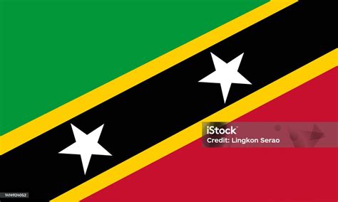 세인트 키츠 네비스의 공식 국기의 벡터 일러스트레이션 세인트 키츠 네비스의 국기는 두 개의 흰색 별이 들어있는 노란색 가장자리의 검은 색 밴드로 구성됩니다 국기에 대한 스톡
