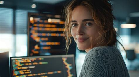 Premium Photo Female It Developer Smiling At Camera In Office With Code