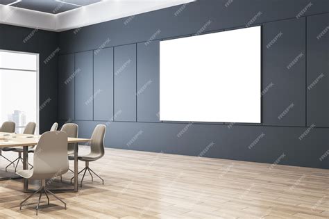 벽 가구에 빈 모의 배너가 있는 현대적인 회의실 내부 및 도시 전망 3d 렌더링이 있는 창 프리미엄 사진