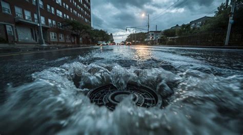 Sewage Overflow Flooding Urban Street In Heavy Rain Stock Illustration Illustration Of