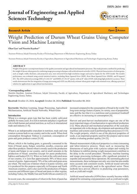 Pdf Weight Prediction Of Durum Wheat Grains Using Computer Vision And
