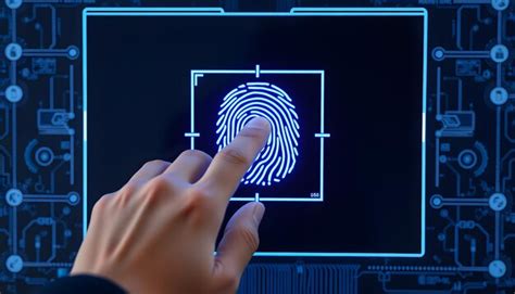 Blue Fingerprint Scan Icon On Virtual Screen While Finger Scanning For Security Access With