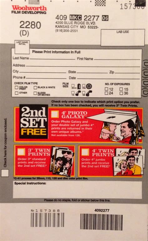 Woolworth Photo Finishing Envelope For Send Out To Lab For Processing