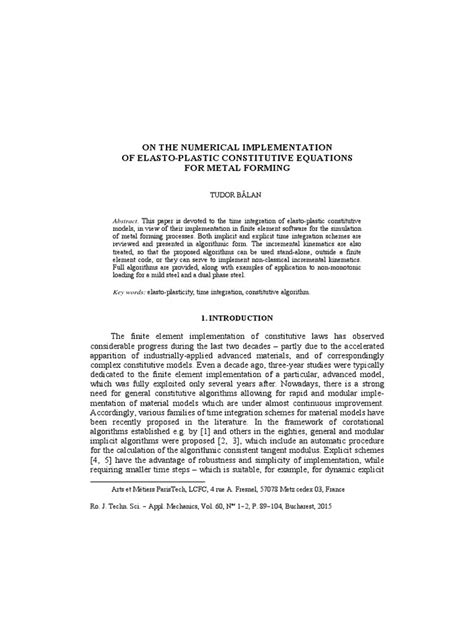 On The Numerical Implementation Of Elasto Plastic Constitutive