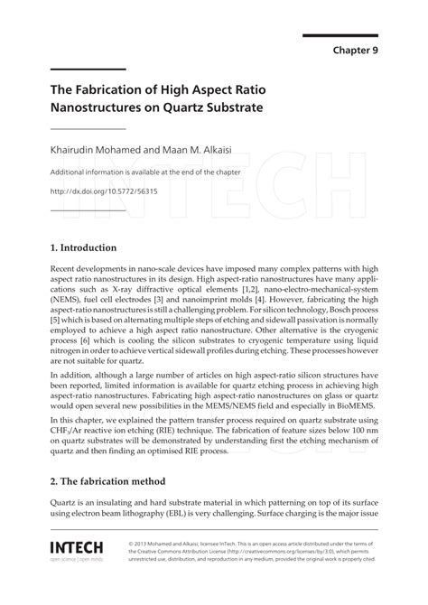 Pdf The Fabrication Of High Aspect Ratio Nanostructures On Quartz Substrate