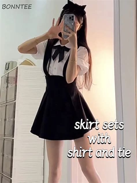 여성용 미니 스커트 세트 귀여운 리본 디자인 프레피 스타일 크롭 셔츠 심플 하라주쿠 스타일리시 여름 레트로 학생 슬림 섹시