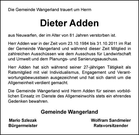 Traueranzeigen Von Dieter Adden Nordwest Trauerde