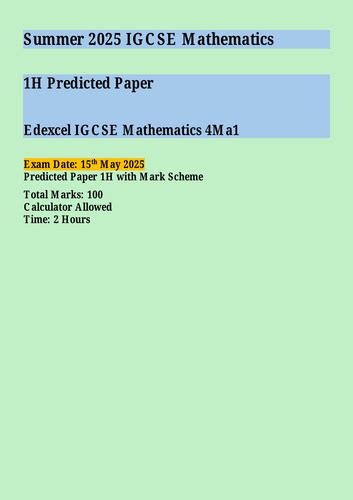 Edexcel Igcse Mathematics 2025 Predicted Paper 1h 4ma1 Teaching Resources
