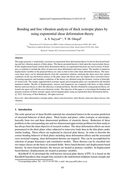 Pdf Bending And Free Vibration Analysis Of Thick Isotropic Plates By Using Exponential Shear