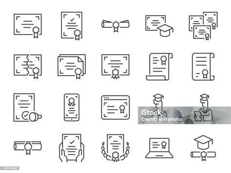 인증서 아이콘이 설정되었습니다 여기에는 졸업장 인증서 승인 확인 및 기타 아이콘이 포함되었습니다 편집 가능한 벡터 스트로크 인증 아이콘에 대한 스톡 벡터 아트 및 기타