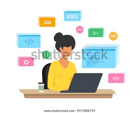 programmer girl working on laptop programming stok vektör telifsiz
