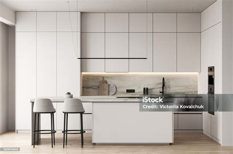 나무 바닥 돌 섬 식탁이 있는 의자가 있는 현대적인 럭셔리 세련된 주방 인테리어 흰색 조리대와 큰 창문 3d 렌더링 고품질 3d 그림 부엌에 대한 스톡 사진 및 기타 이미지