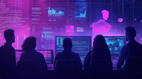 Tech Team Analyzing Data Visualizations In A Dark Room Filled With