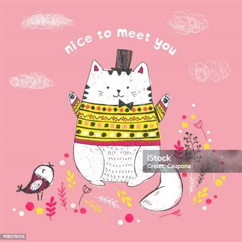 벡터 일러스트 레이 션 모자 활 민족 패턴 새 꽃 구름 비문 당신을 만나서와 니트 스웨터를 입고 귀여운 스케치 백색 고양이의 T 셔츠 인쇄로 사용할 수 있습니다 0명에 대한