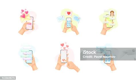 채팅 소프트웨어 문자 메시지 벡터 세트를 사용하여 스마트 폰과 손 Brand Name Online Messaging