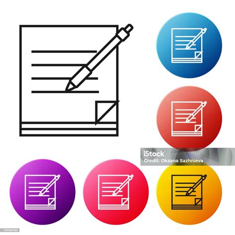 흰색 배경에 격리 된 검은 색 선 빈 노트북 및 펜 아이콘입니다 종이와 펜 아이콘 다채로운 원 버튼을 설정합니다 벡터 일러스트레이션 개념에 대한 스톡 벡터 아트 및 기타