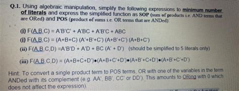 Solved Q 1 Using Algebraic Manipulation Simplify The Chegg Com