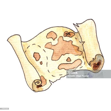 보물 섬의지도 수채화 일러스트레이션입니다 흰색 배경에 격리 된 해적 세트의 별도의 요소 지도에 대한 스톡 벡터 아트 및 기타