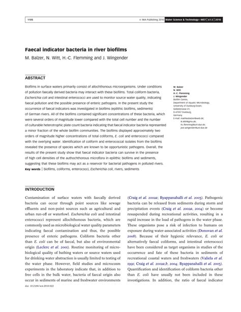 Pdf Faecal Indicator Bacteria In River Biofilms