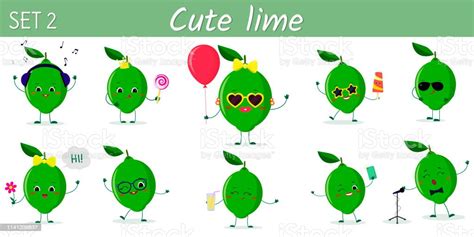 만화 스타일의 다양 한 포즈와 액세서리 10 귀여운 귀 엽 다 라임 캐릭터의 집합입니다 로고 템플릿 디자인입니다 벡터 일러스트 레이 션 평면 디자인 감정에 대한 스톡 벡터